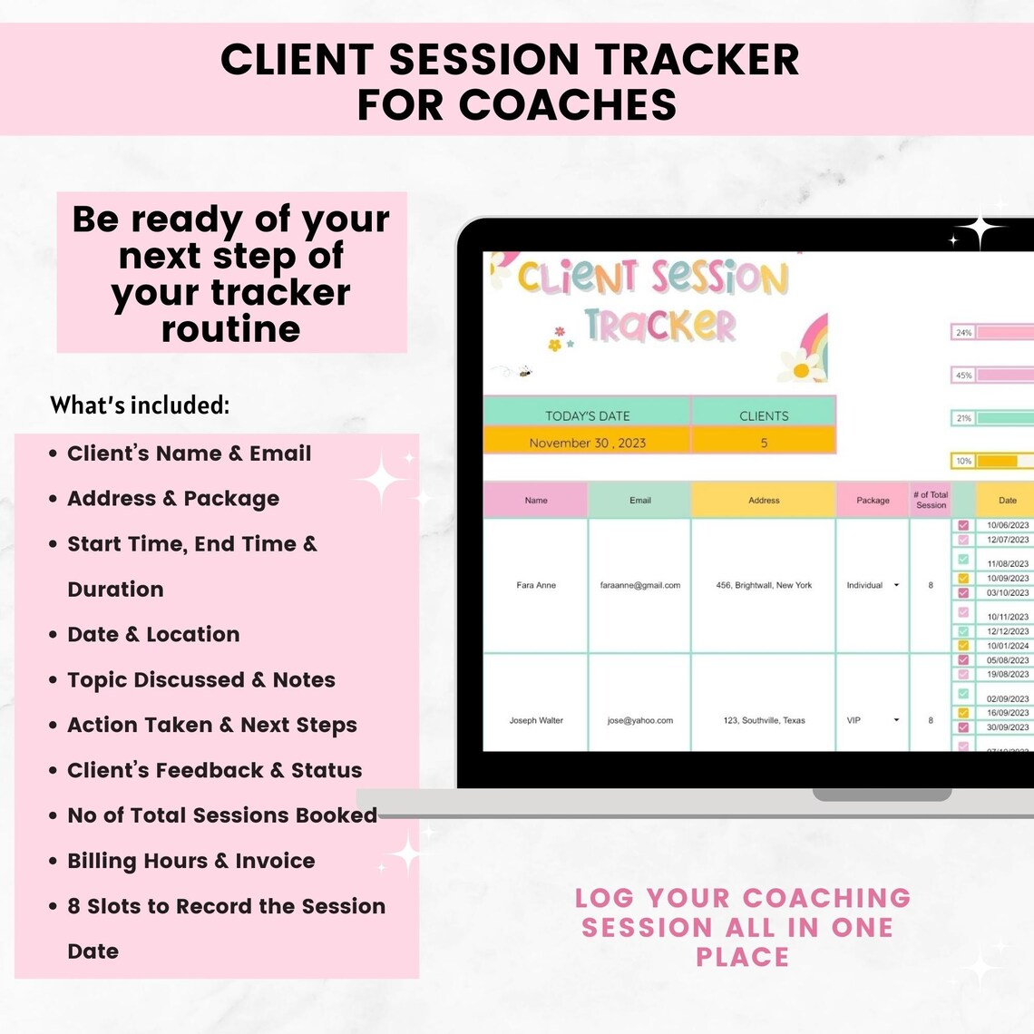 Client Session Tracker Spreadsheet for Coaches, Client Management ...