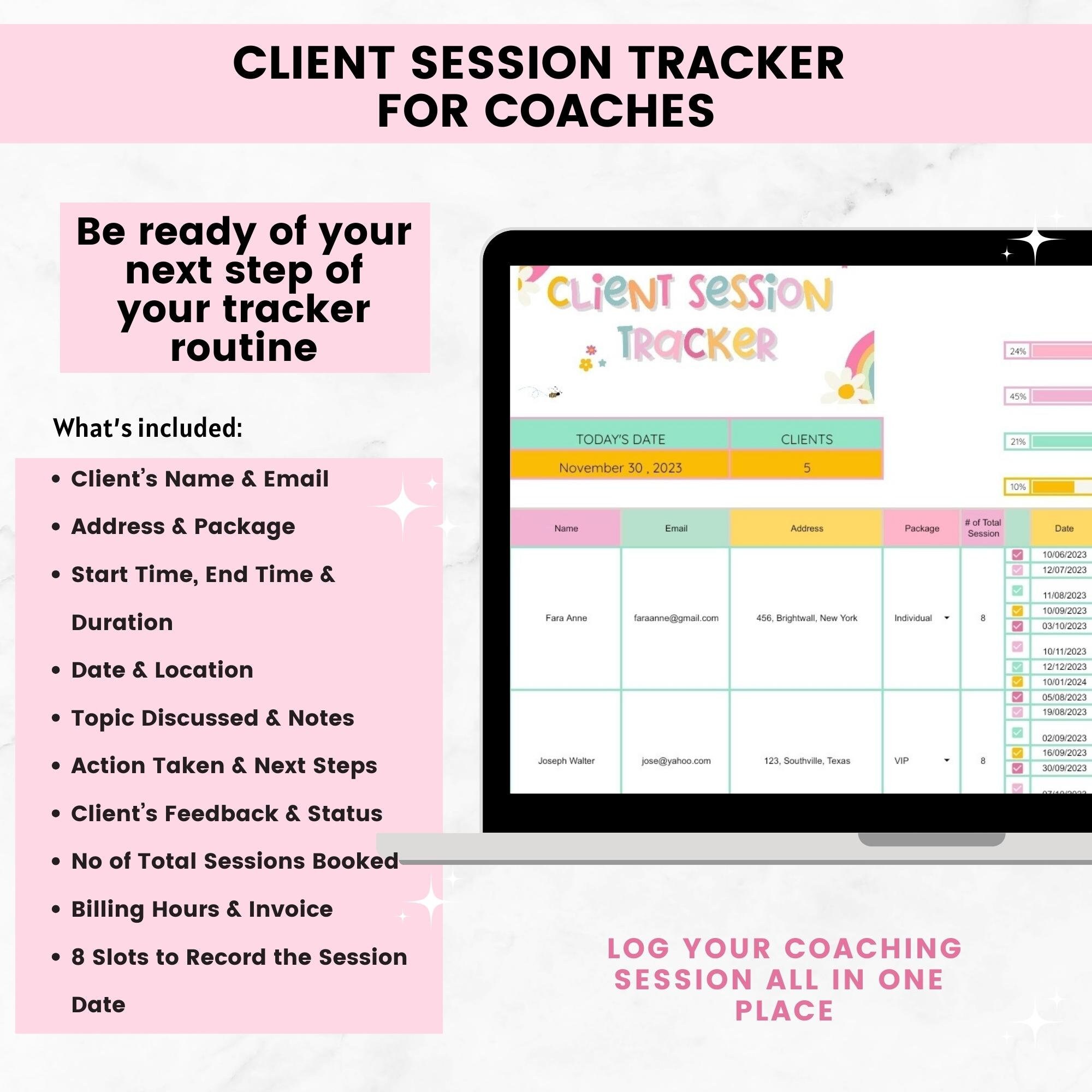 Client Session Tracker Spreadsheet for Coaches, Client Management ...