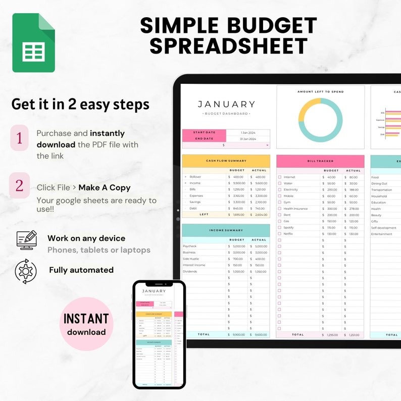 Budget Planner Google Sheet Monthly Budget Spreadsheet, Paycheck Budget ...