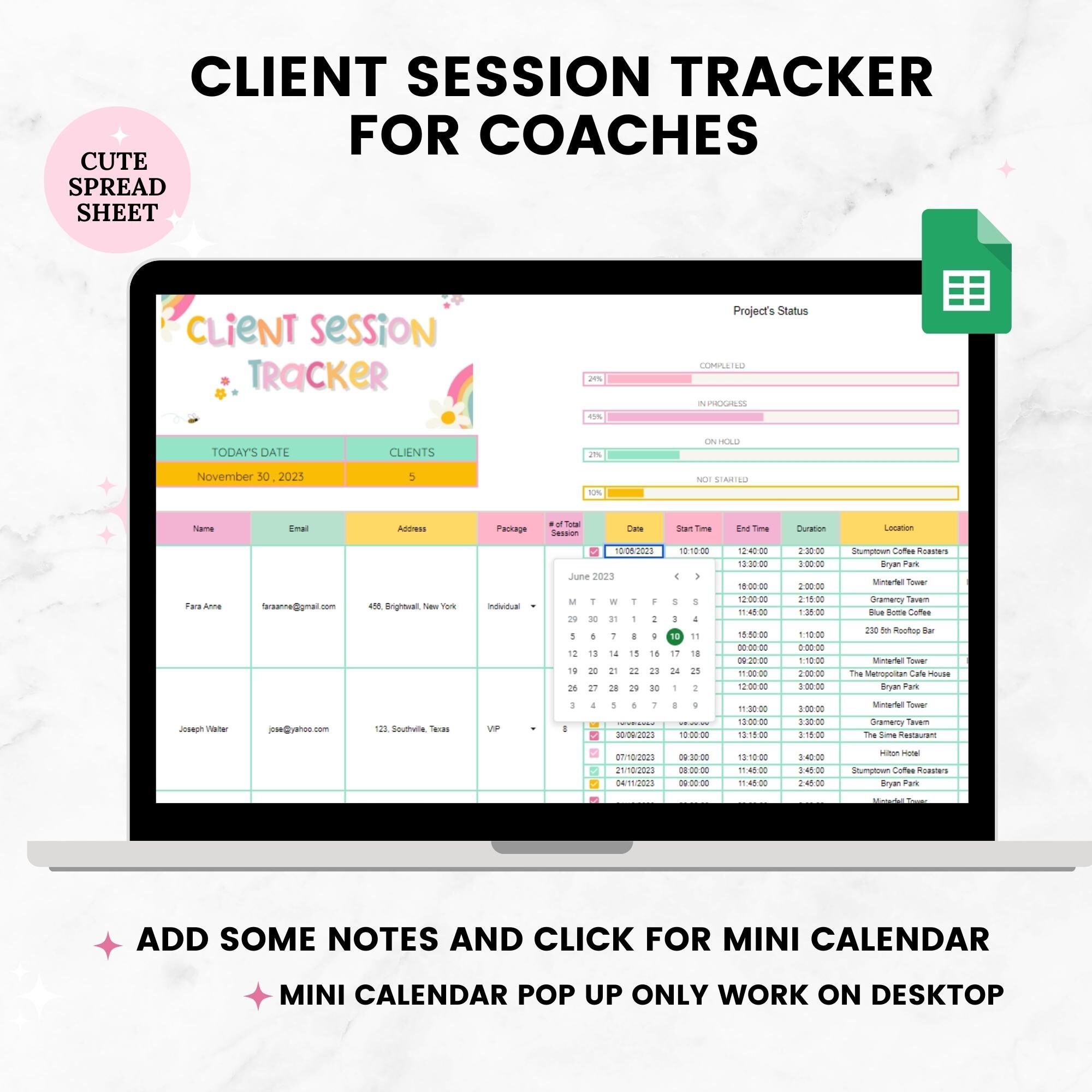 Client Session Tracker Spreadsheet for Coaches, Client Management ...