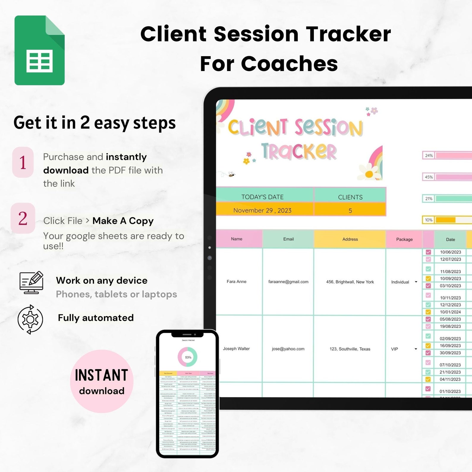 Client Session Tracker Spreadsheet for Coaches, Client Management ...