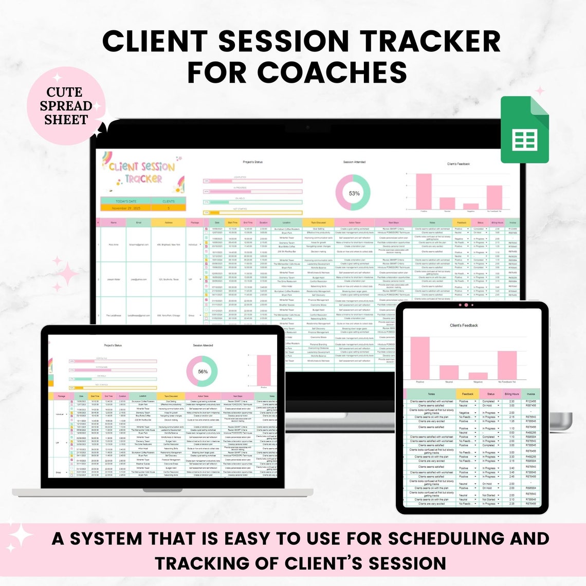 Client Session Tracker Spreadsheet for Coaches, Client Management Spreadsheet, Coaching Tracker ...