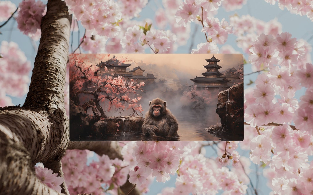 Japanese Desk Mat Macaque Monkey at a Hot Spring Cherry Blossoms XXL ...