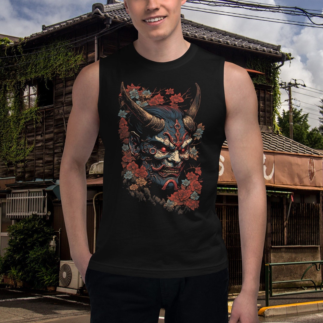 Goth Muscle Shirt Oni Mask Demon Japanese Art Gothic Fashion Men's Tank ...