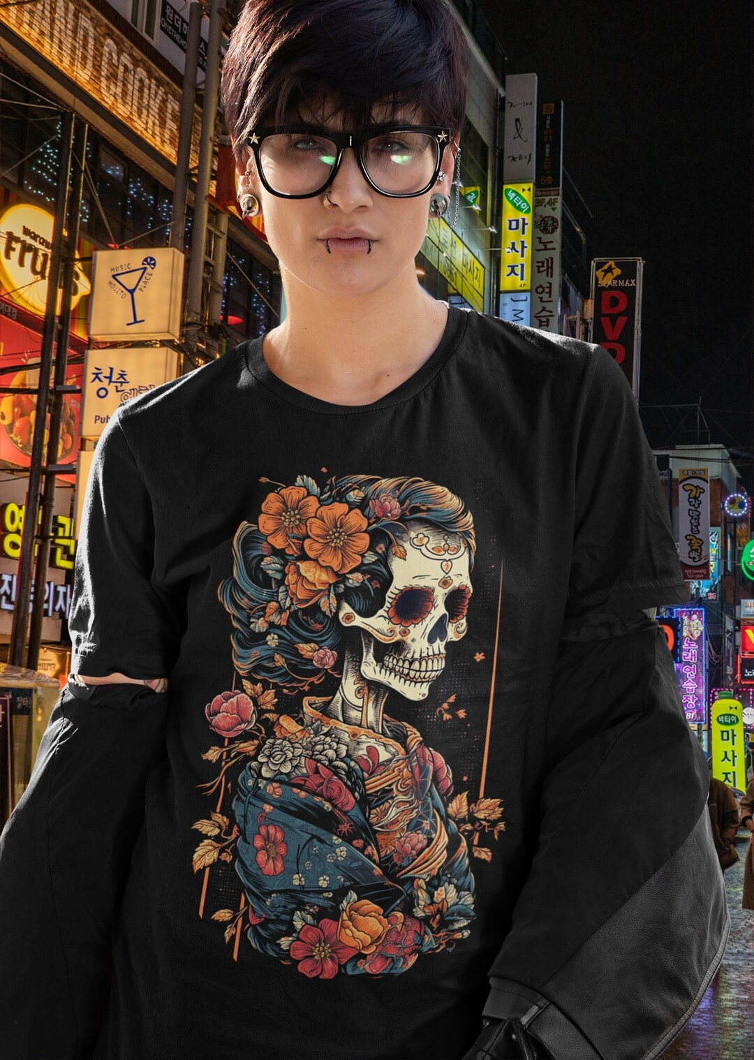 Anime Shirt Otaku Gothic Skeleton Geisha Shirt Tshirt Goth Shirt Japan ...