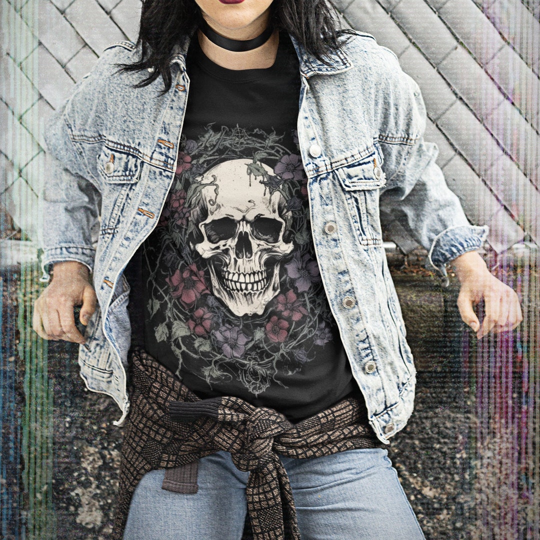 Goth Skull Shirt With Wildflowers, Witchy Cottagecore Gothic, Floral ...