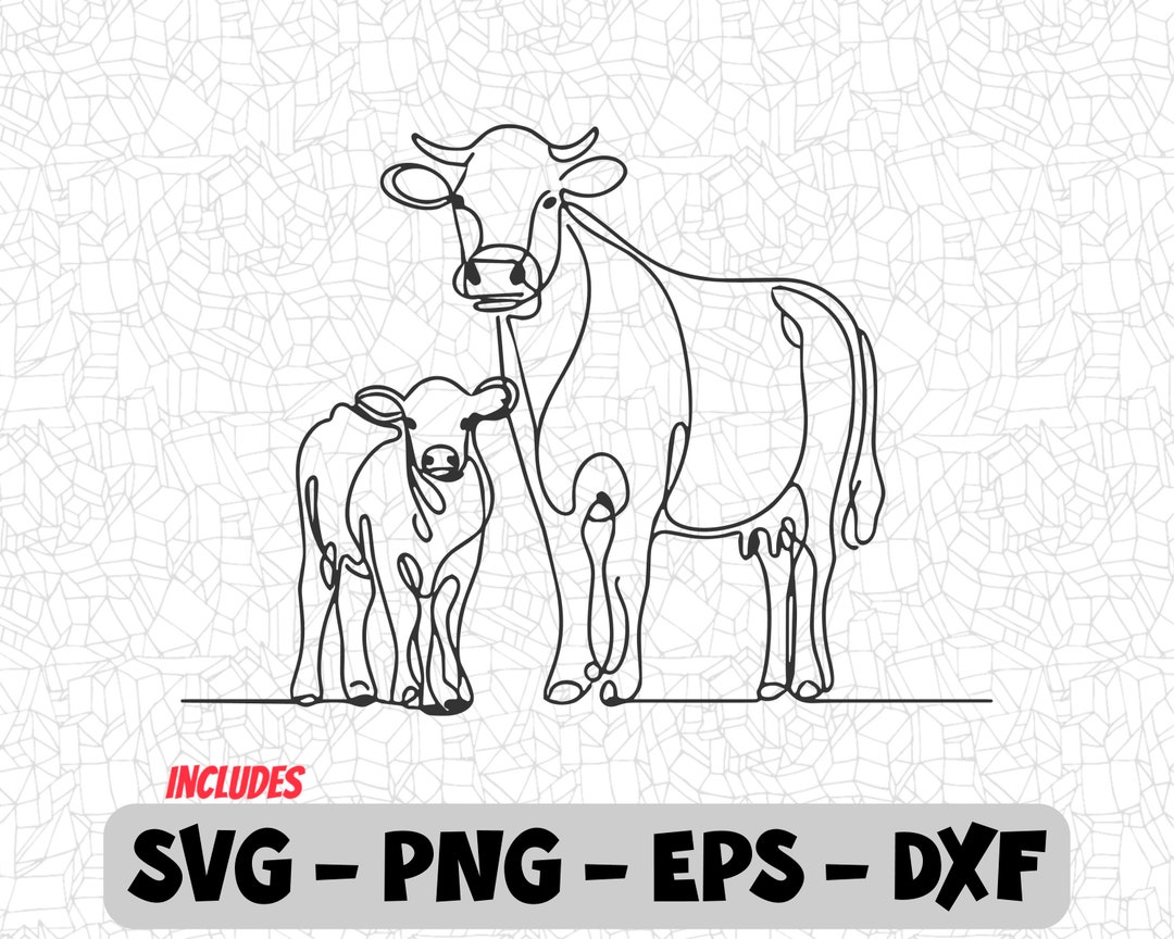 Cow and Calf Line Art SVG | Farm Animal Outline Clipart | PNG, EPS, Dxf ...
