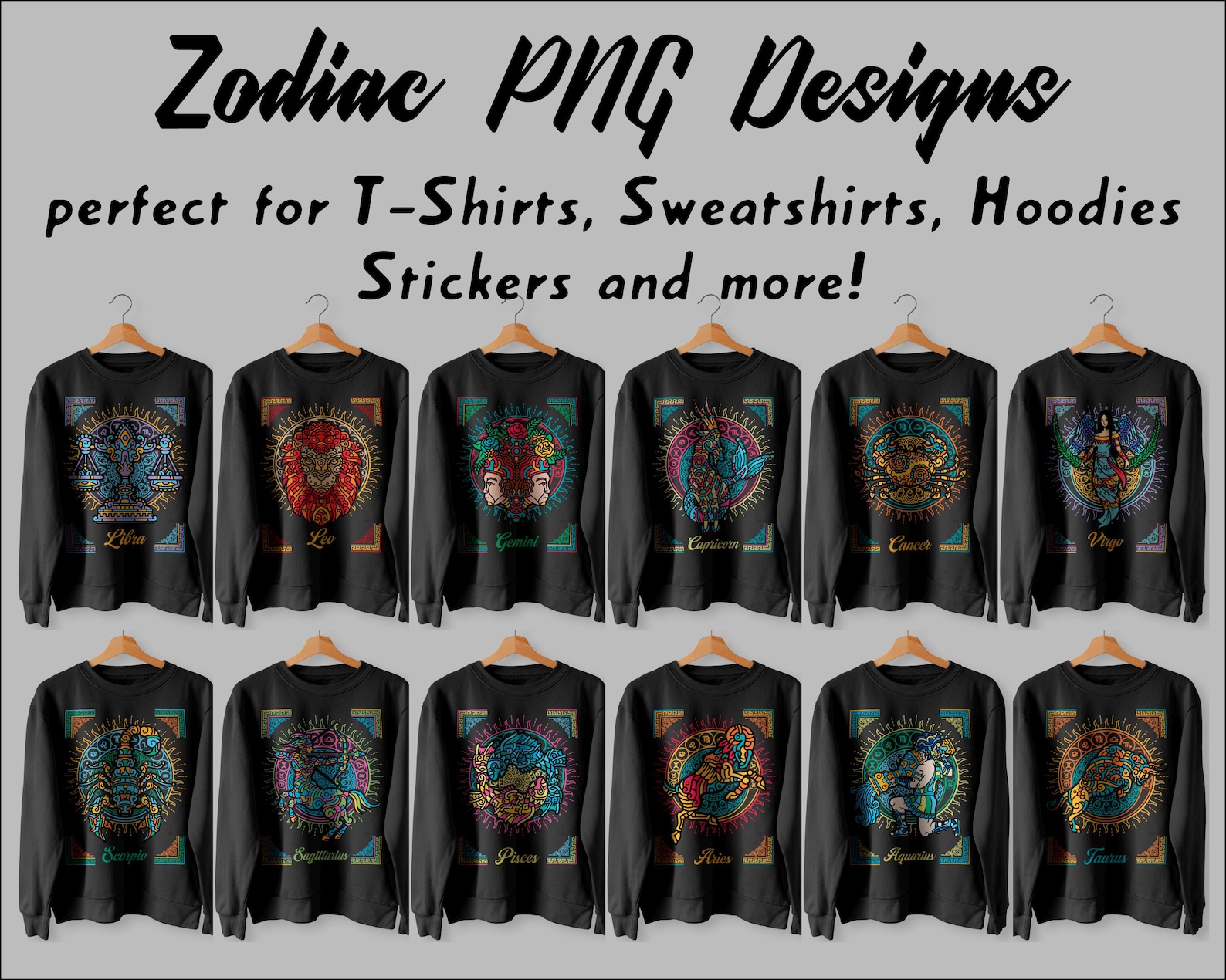 Zodiac PNG Design Bundle for T-shirts, Hoodies, Stickers & More - 12 ...