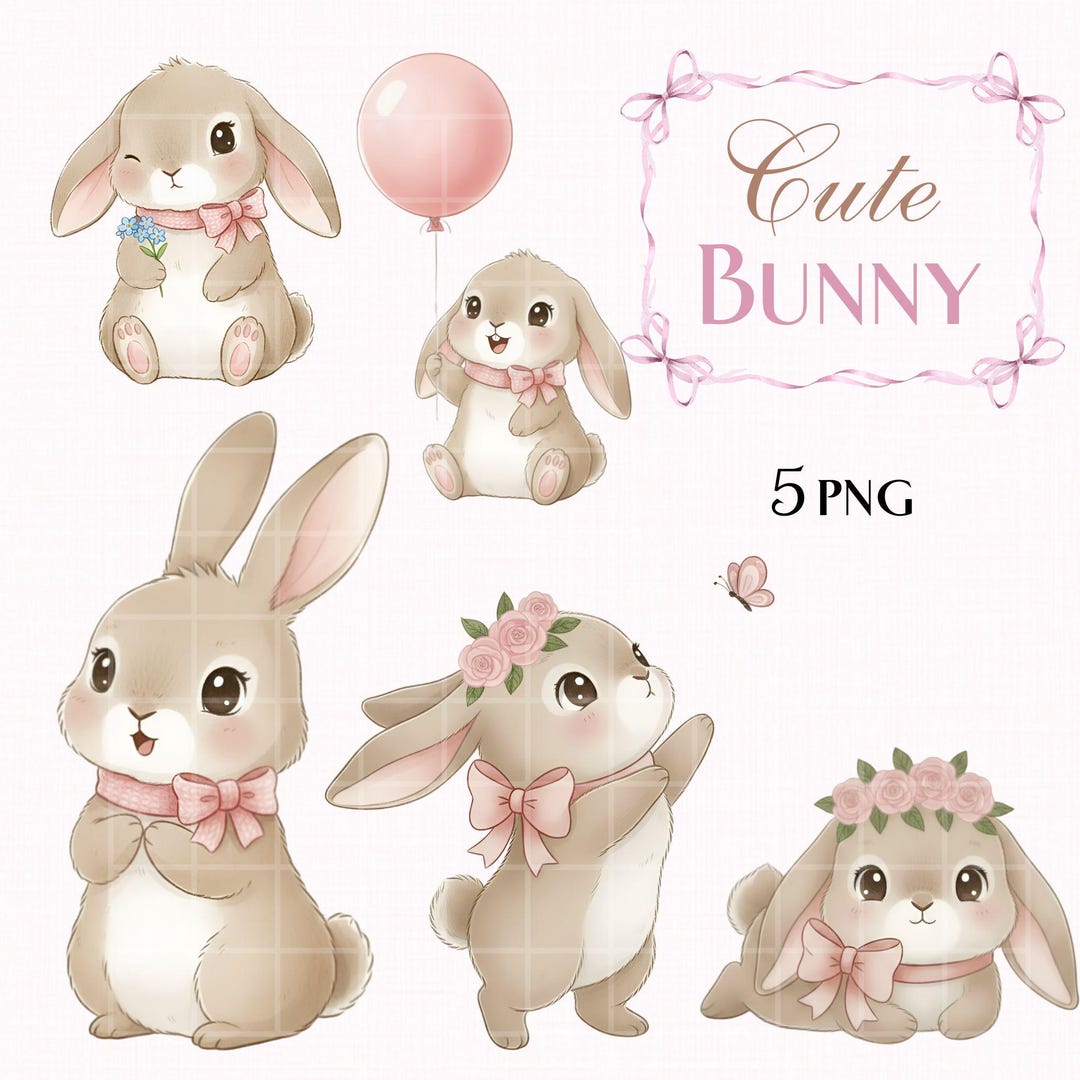 Cute Bunny Clipart Bundle, Watercolor Rabbit PNG Set, Baby Shower ...