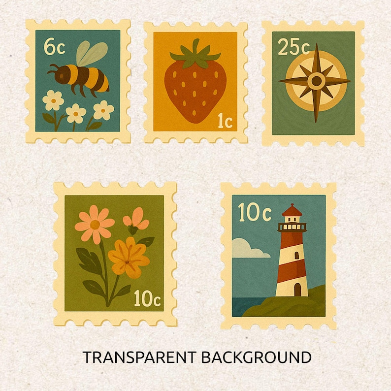 Vintage Postage Stamps Clipart: Hand-drawn PNG Set (15 PNG) - Etsy