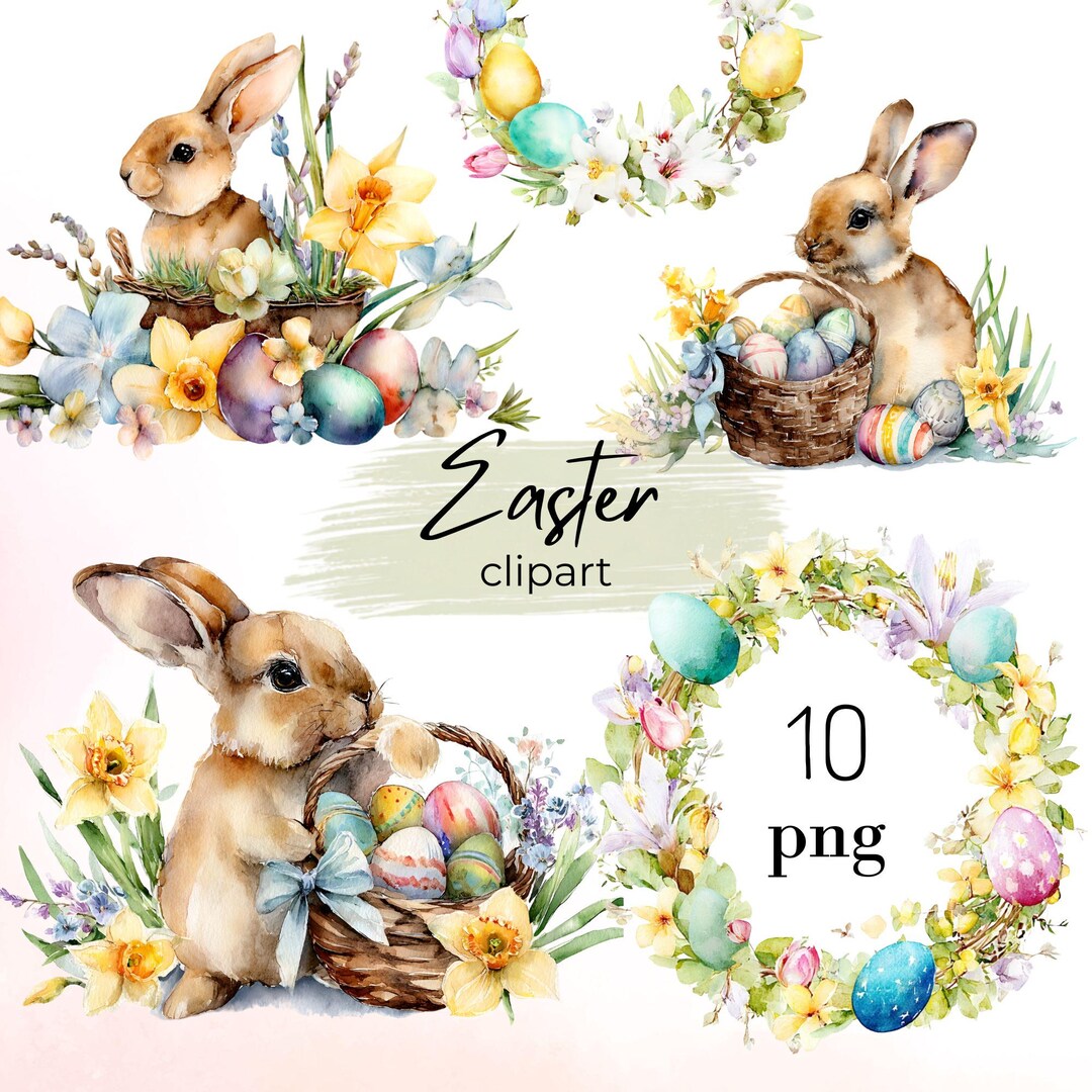 Easter Bunny Clipart Set – Watercolor Rabbits, Eggs & Floral Frames ...