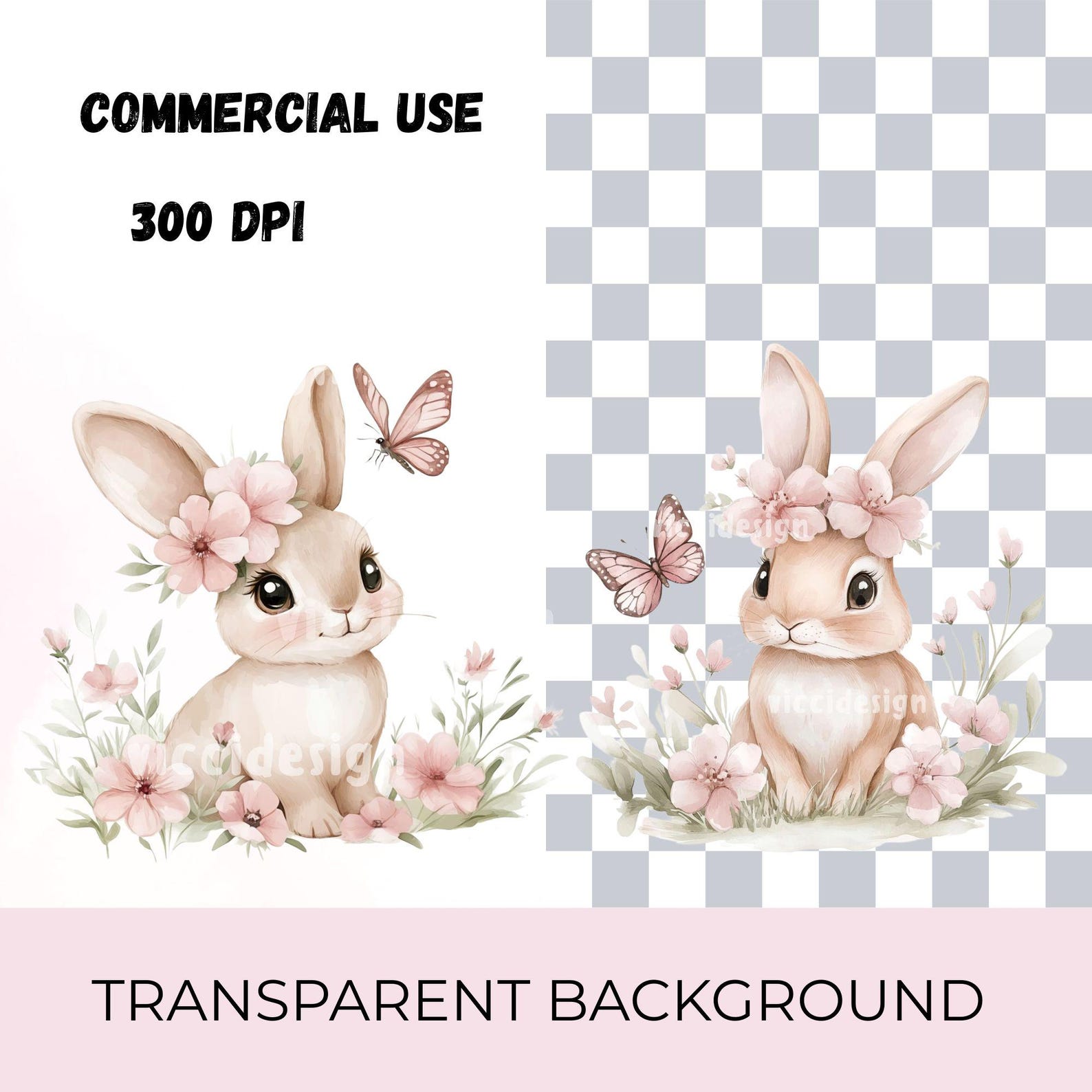 Watercolor Bunny in Flowers Clipart, Cute Rabbits and Butterflies, 7 ...