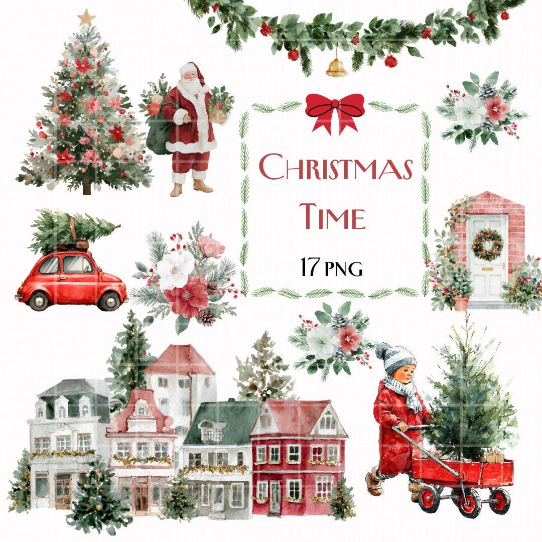 Watercolor Christmas Clipart Bundle: Santa, Car, Village (digital ...