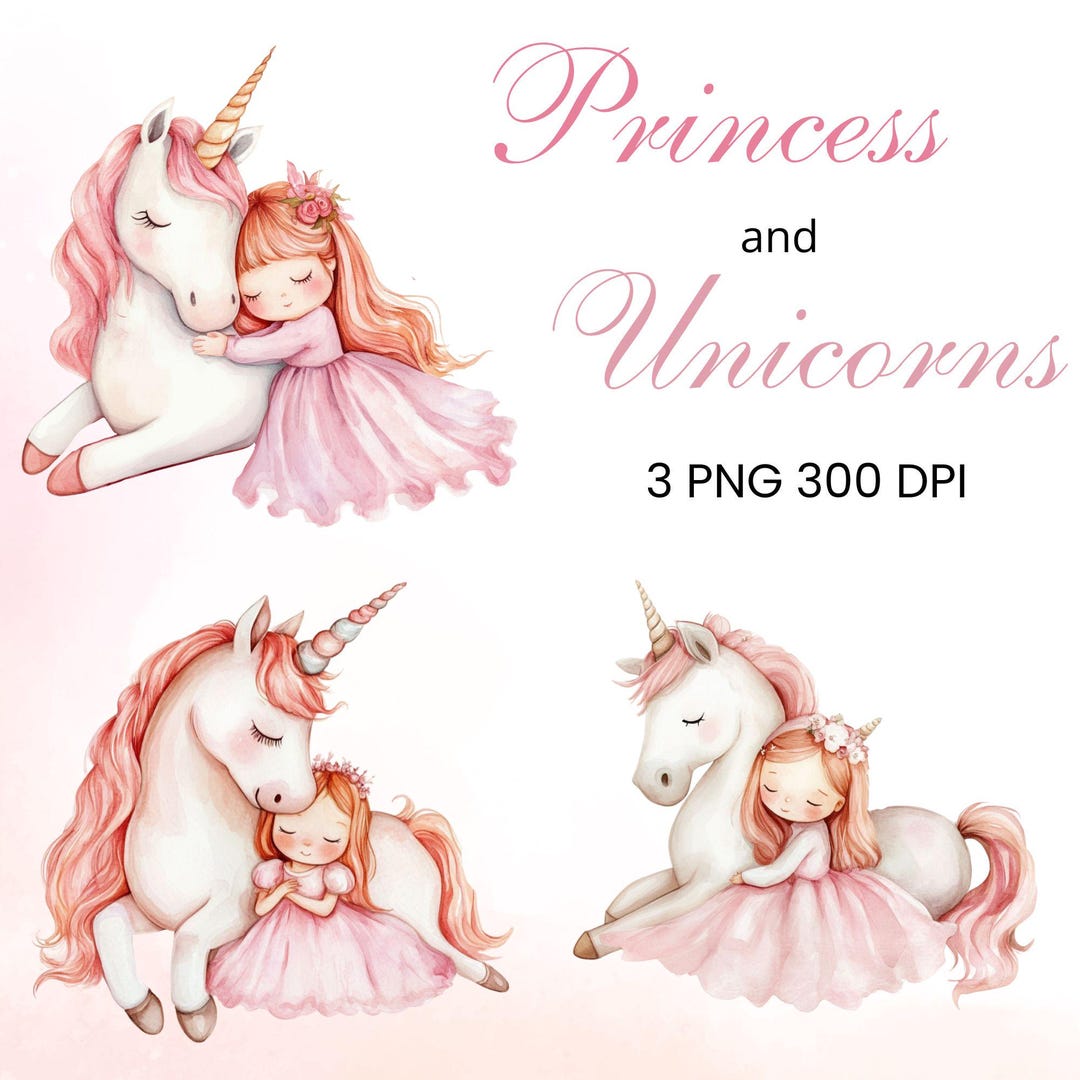 Princess and Unicorns Clipart, Watercolor Princess, Watercolor Unicorn ...