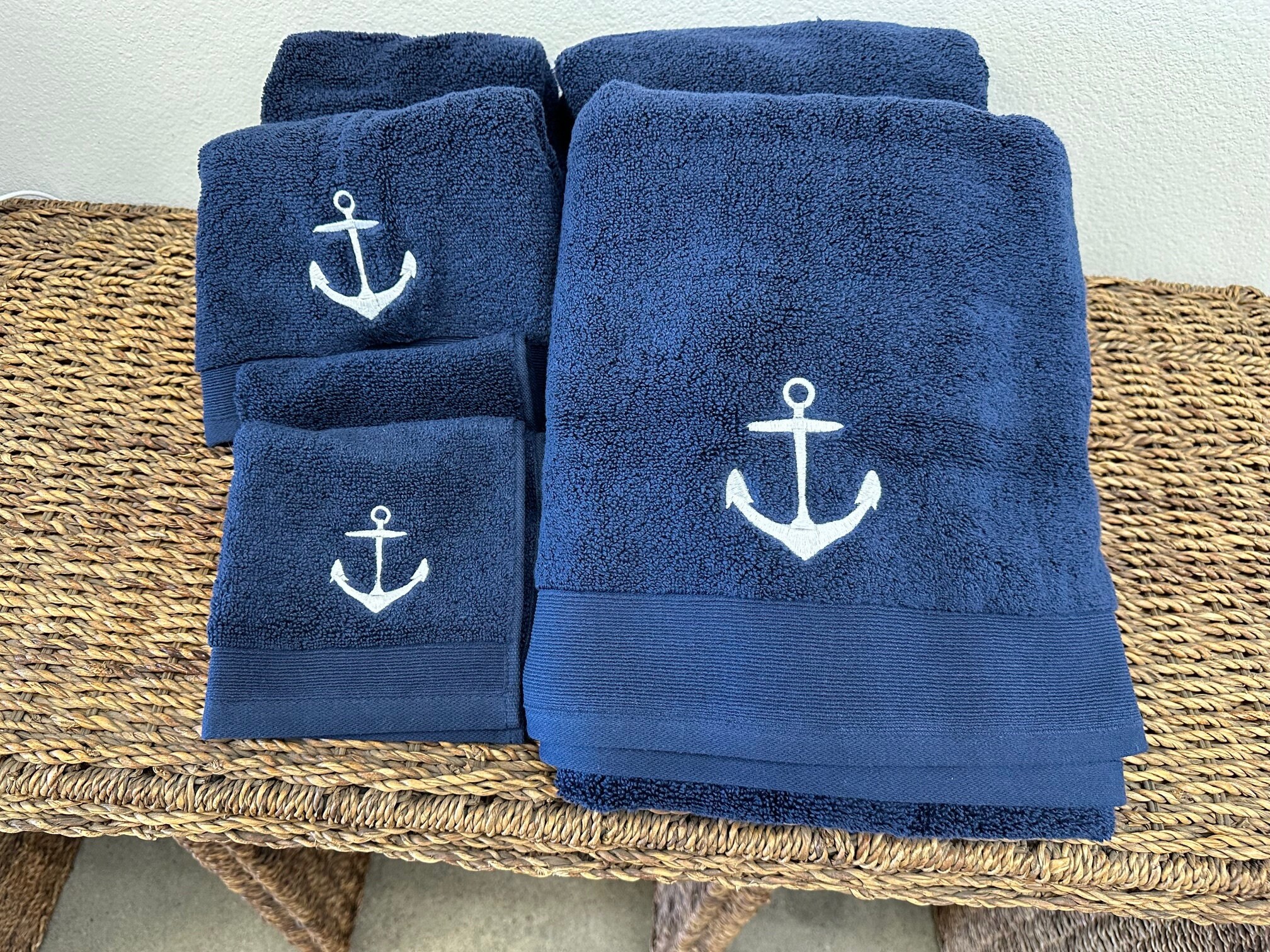 6 Piece Navy Blue Towel Set Embroidered With Anchor - Etsy