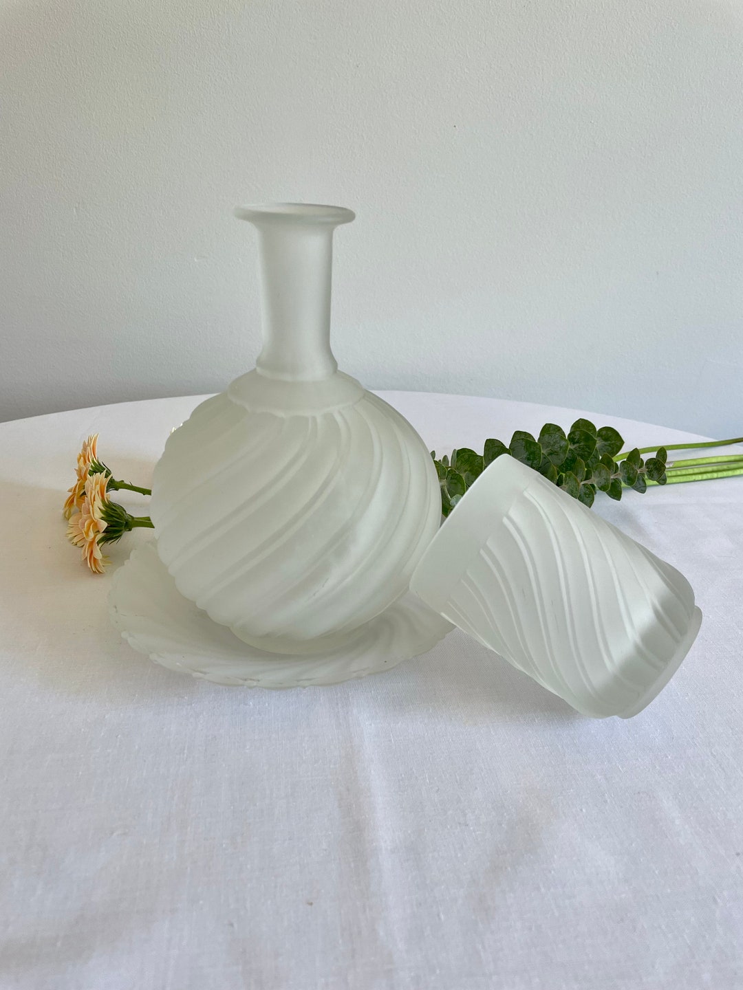 Vintage Carafe Night Set in Spiral Satin Glass - Etsy