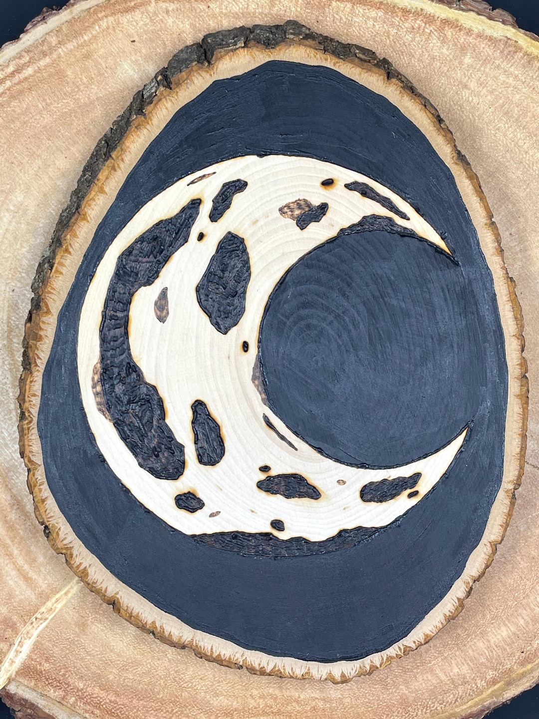 Moon Wood Burning, Cresent Moon, Raw Edge Bark Wood Circle, Celestial ...