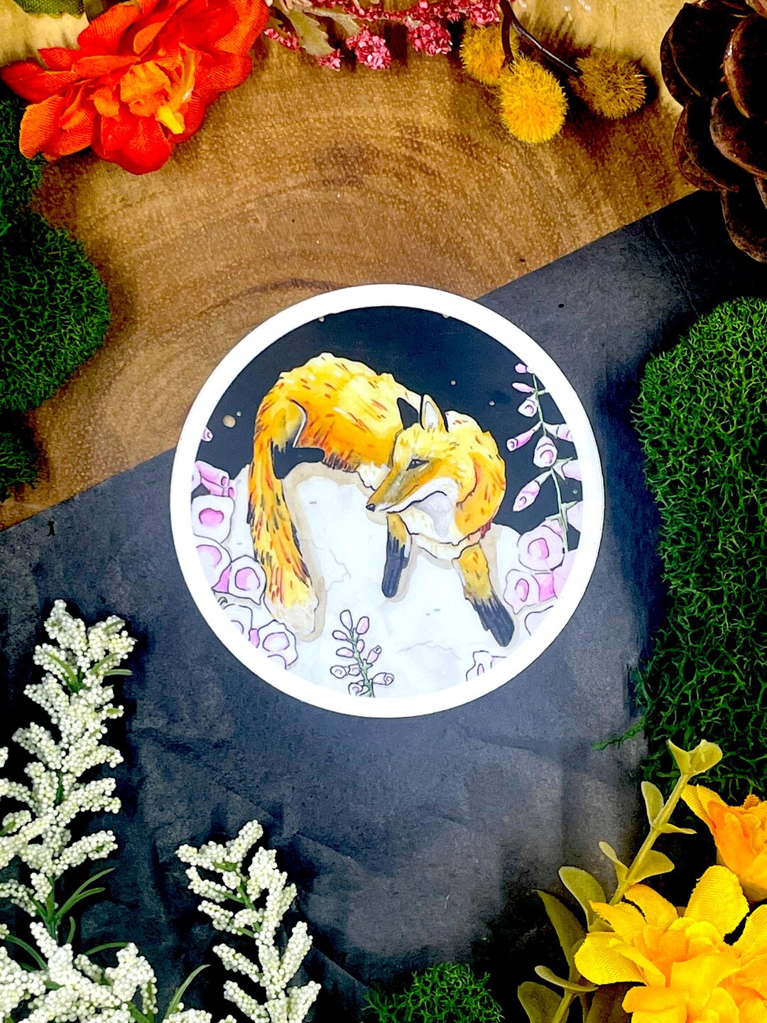 Matte Fox With Foxglove Watercolor Sticker, Waterproof, Dishwasher Safe ...