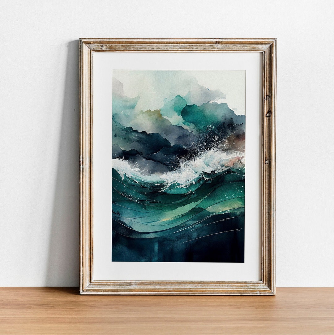 Ocean Waves Abstract Blue Wall Art, Deep Sea Nautical Color Painting ...