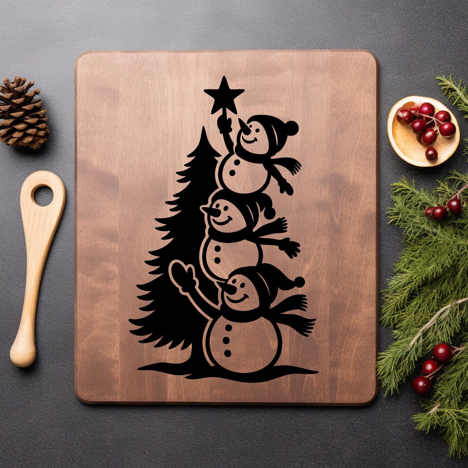 Snowman SVG | Stacked Snowmen Decorating Tree SVG | Snowmen Silhouette ...
