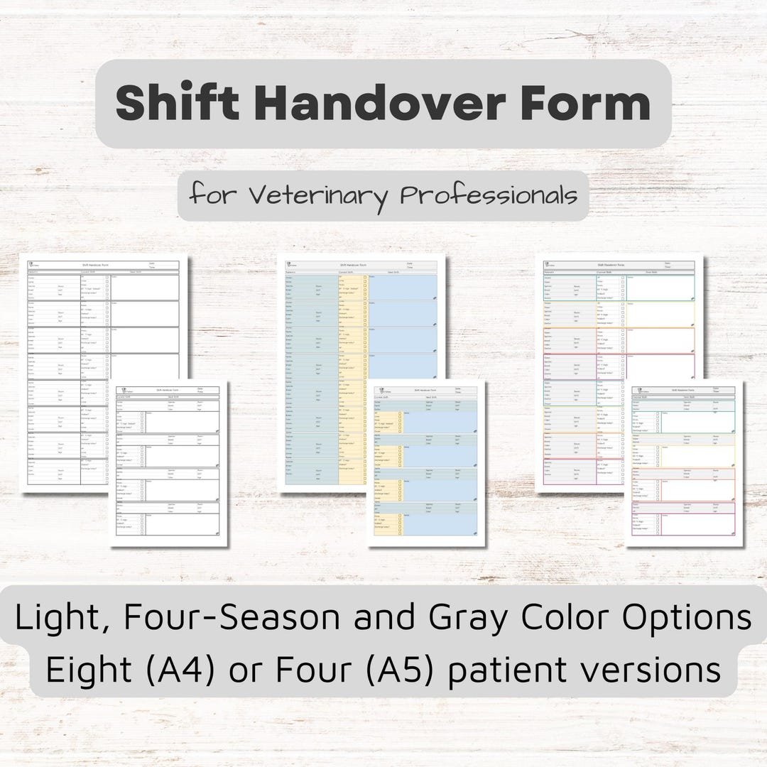 Shift Handover Form for Vets, Shift Change Sheet for Veterinary ...