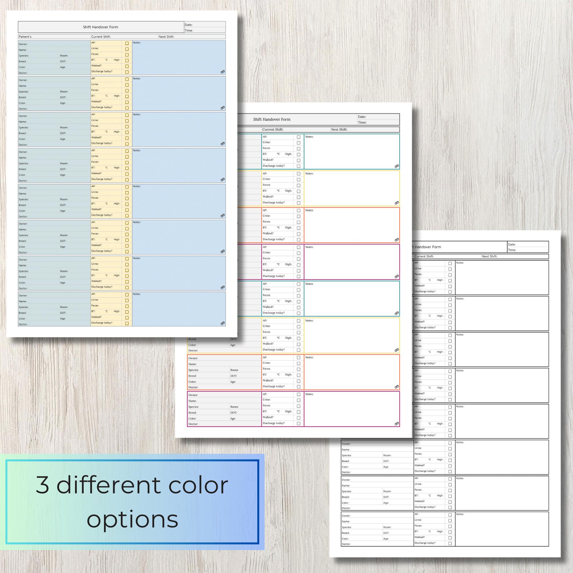 Shift Handover Form for Vets, Shift Change Sheet for Veterinary ...