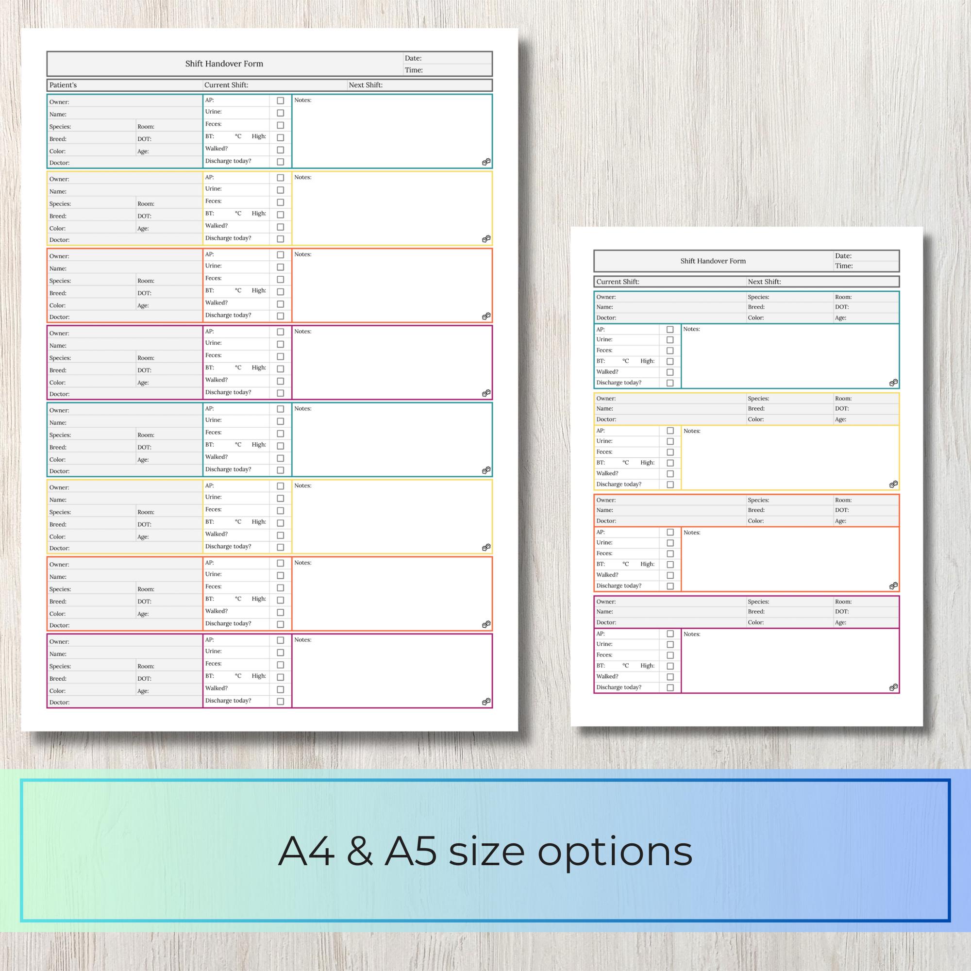Shift Handover Form for Vets, Shift Change Sheet for Veterinary ...