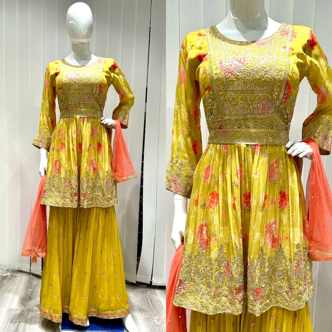 Garara Suit in Floral Yellow Pure Chinnon Short Anarkali Sharara Garara ...