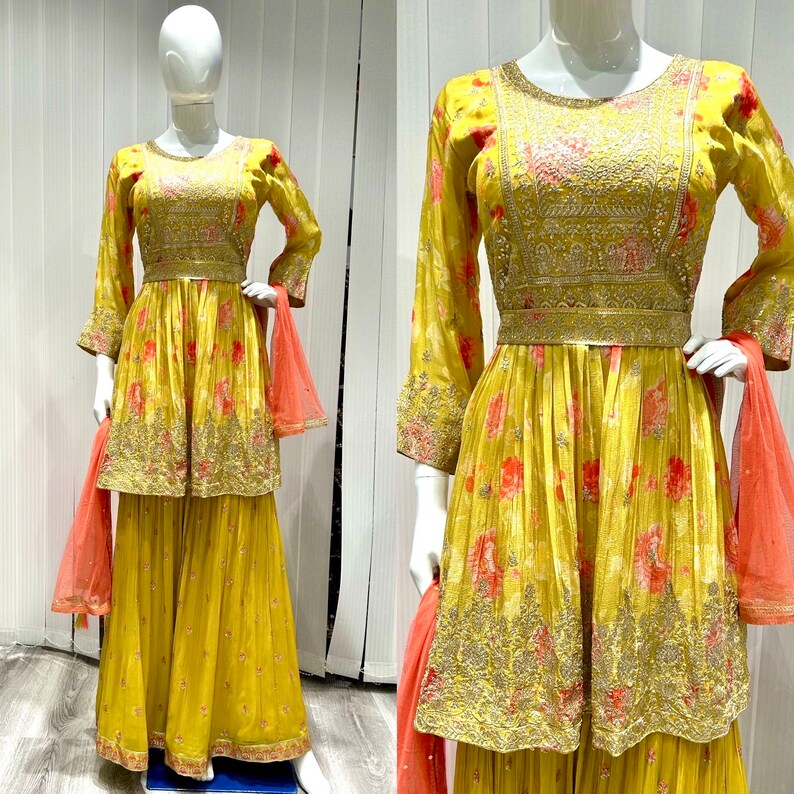 Garara Suit in Floral Yellow Pure Chinnon Short Anarkali Sharara Garara ...