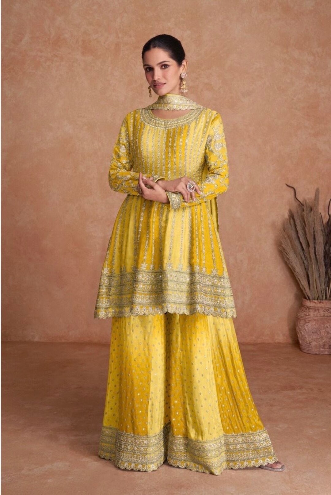 Garara Suit in Yellow Gold Pure Chinnon Short Anarkali Sharara Garara ...