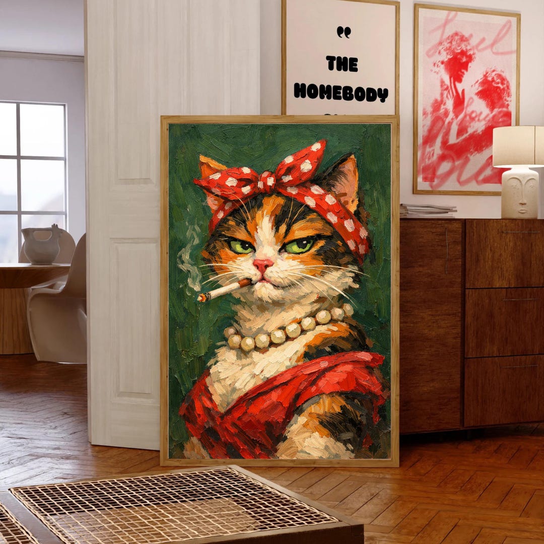 Smoking Cat Oil Painting Print, Vintage Funny Cat Wall Art, Retro Red ...