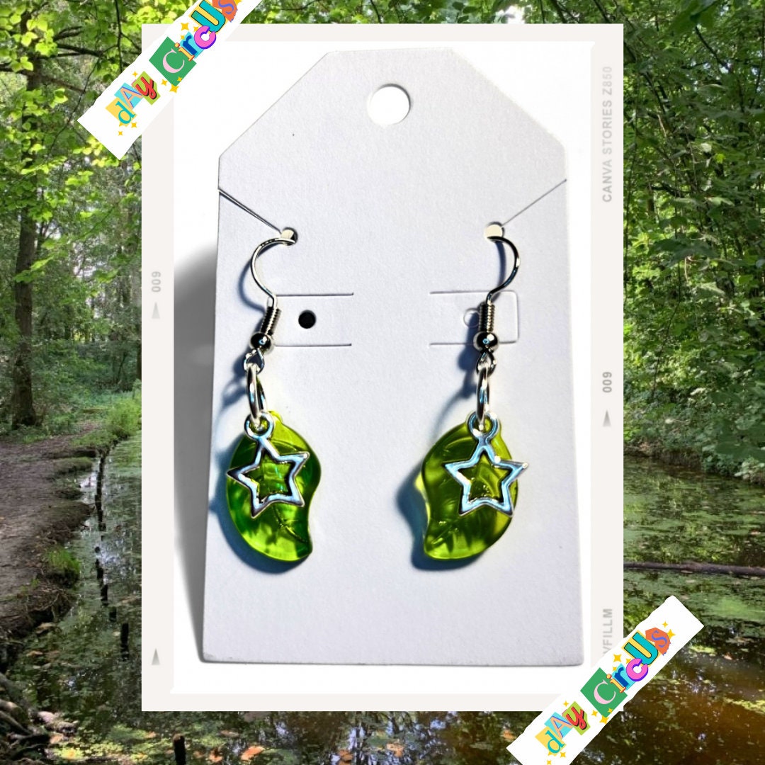 Glass Green Leaf Silver Star Earrings, Solarpunk Earthy Grunge Y2k ...