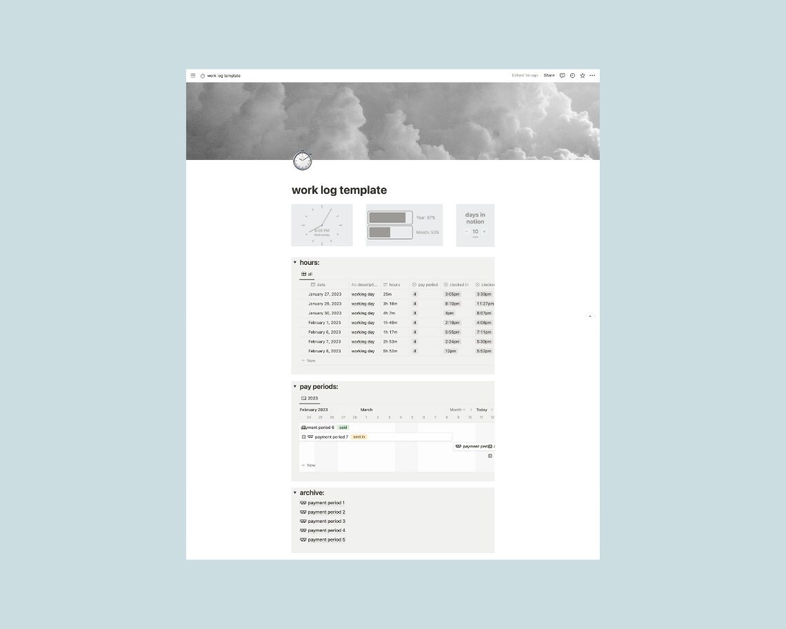Simple Work Log Notion Template Timesheet Work From Home Hours Tracker ...