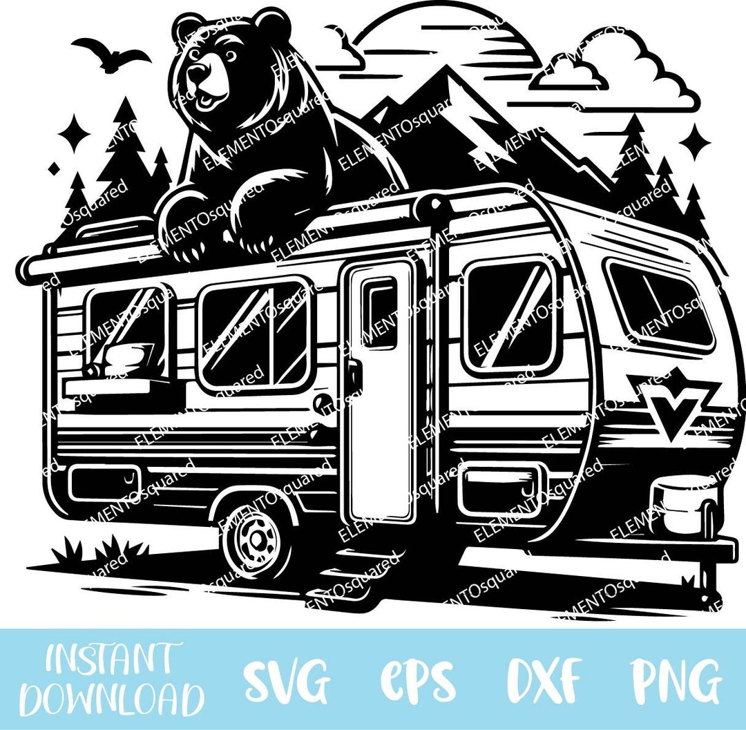 Bear Camper Svg, Bear RV Png, Lake Scene Dxf, Camper RV Bear EPS, Canoe ...