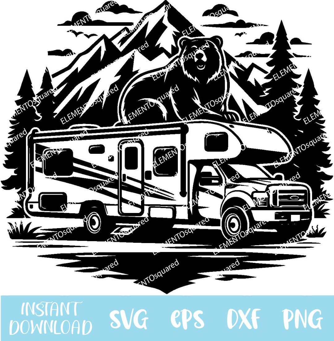 Bear Camper Svg, Bear RV Png, Lake Scene Dxf, Camper RV Bear EPS, Canoe ...