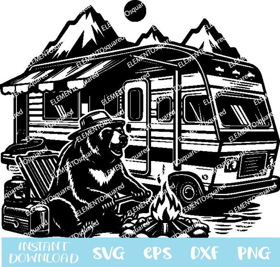 Bear Camper Svg, Bear RV Png, Lake Scene Dxf, Camper RV Bear EPS, Canoe ...