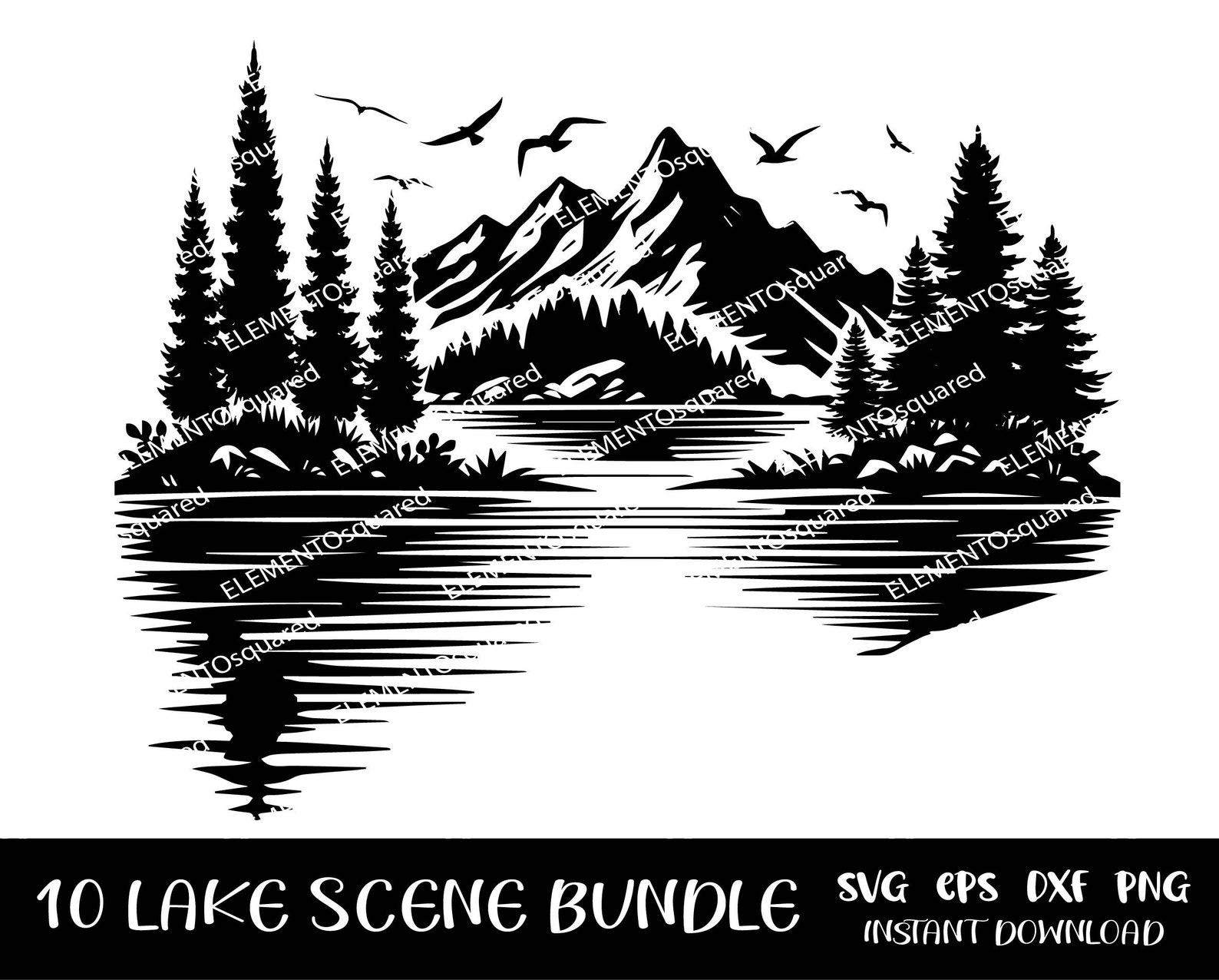 Lake Scene Bundle SVG, Png, Eps, Dxf, Adventure Svg Trees Silhouette ...
