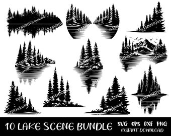 Lake Scene Silhouette SVG Lake-dock-adirondack Chairs Digital Cut File ...