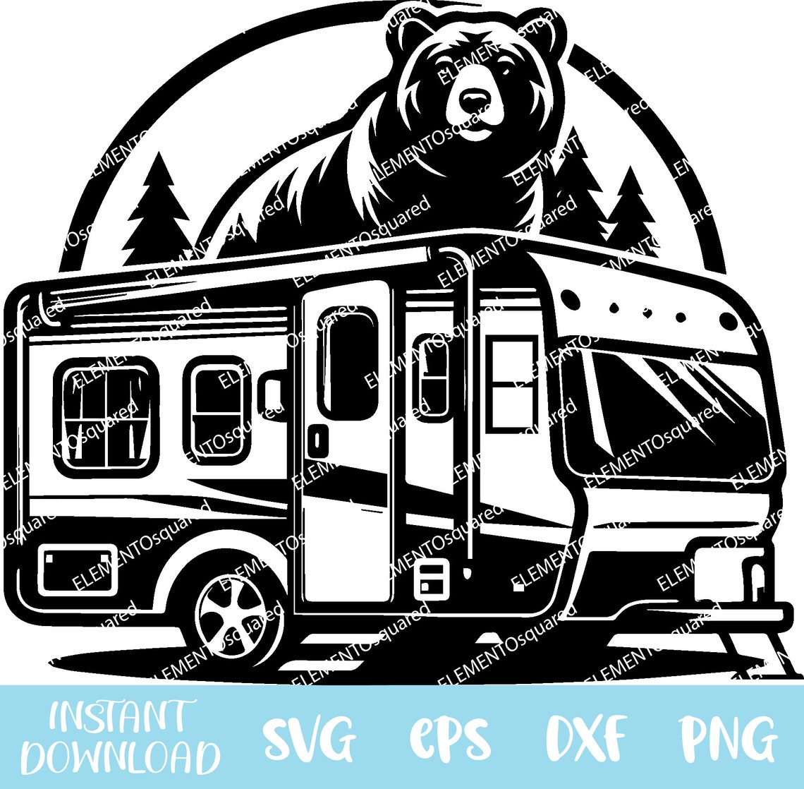 Bear Camper Svg, Bear RV Png, Lake Scene Dxf, Camper RV Bear EPS, Canoe ...