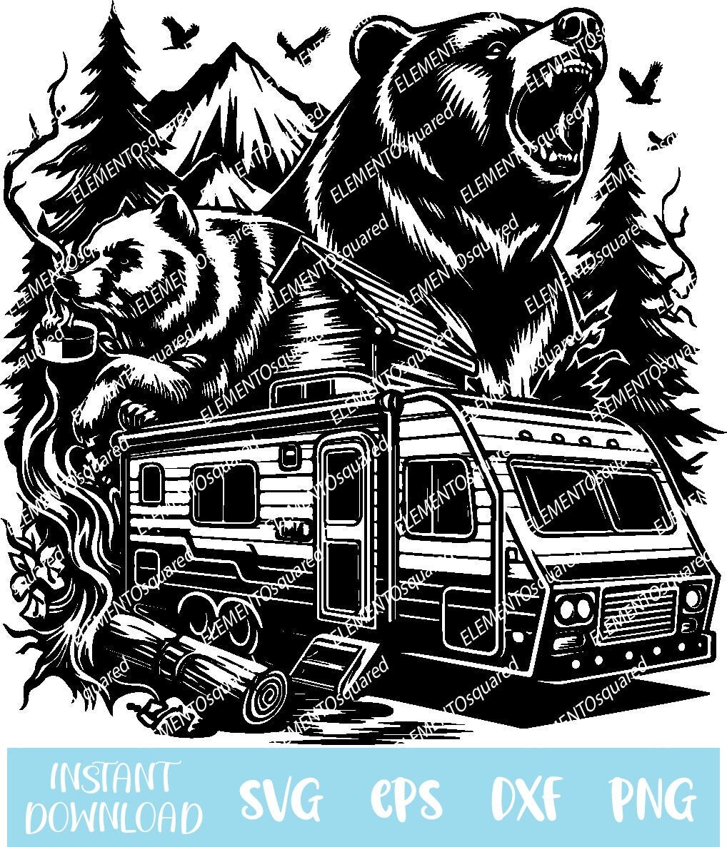 Bear Camper Svg, Bear RV Png, Lake Scene Dxf, Camper RV Bear EPS, Canoe ...
