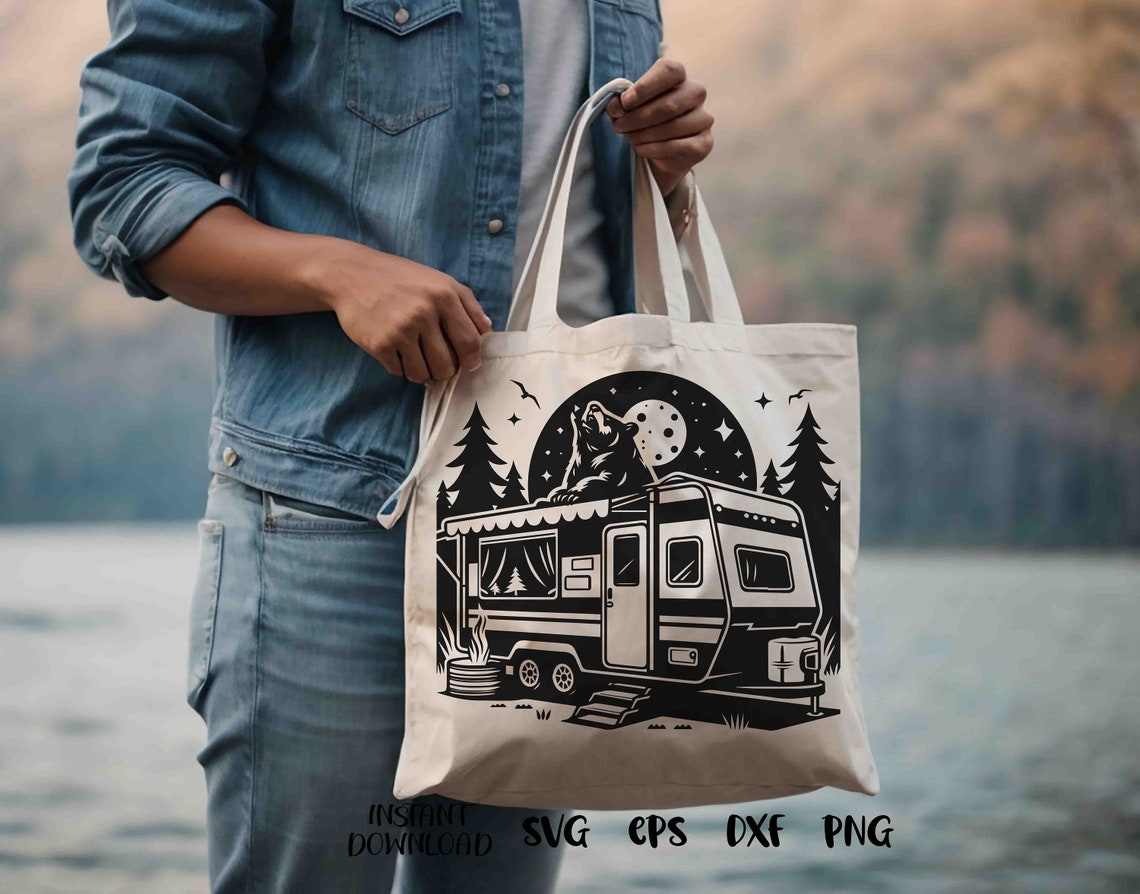 Bear Camper Svg, Bear RV Png, Lake Scene Dxf, Camper RV Bear EPS, Canoe ...