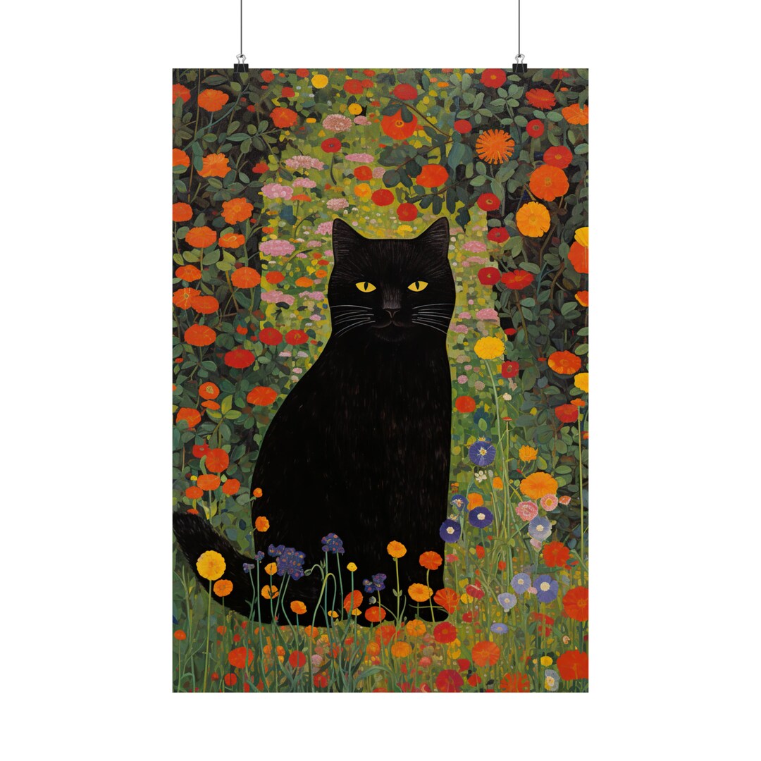 Gustav Klimt Garden Cat Print, Klimt Flowers Cat Poster, Black Cat Art ...