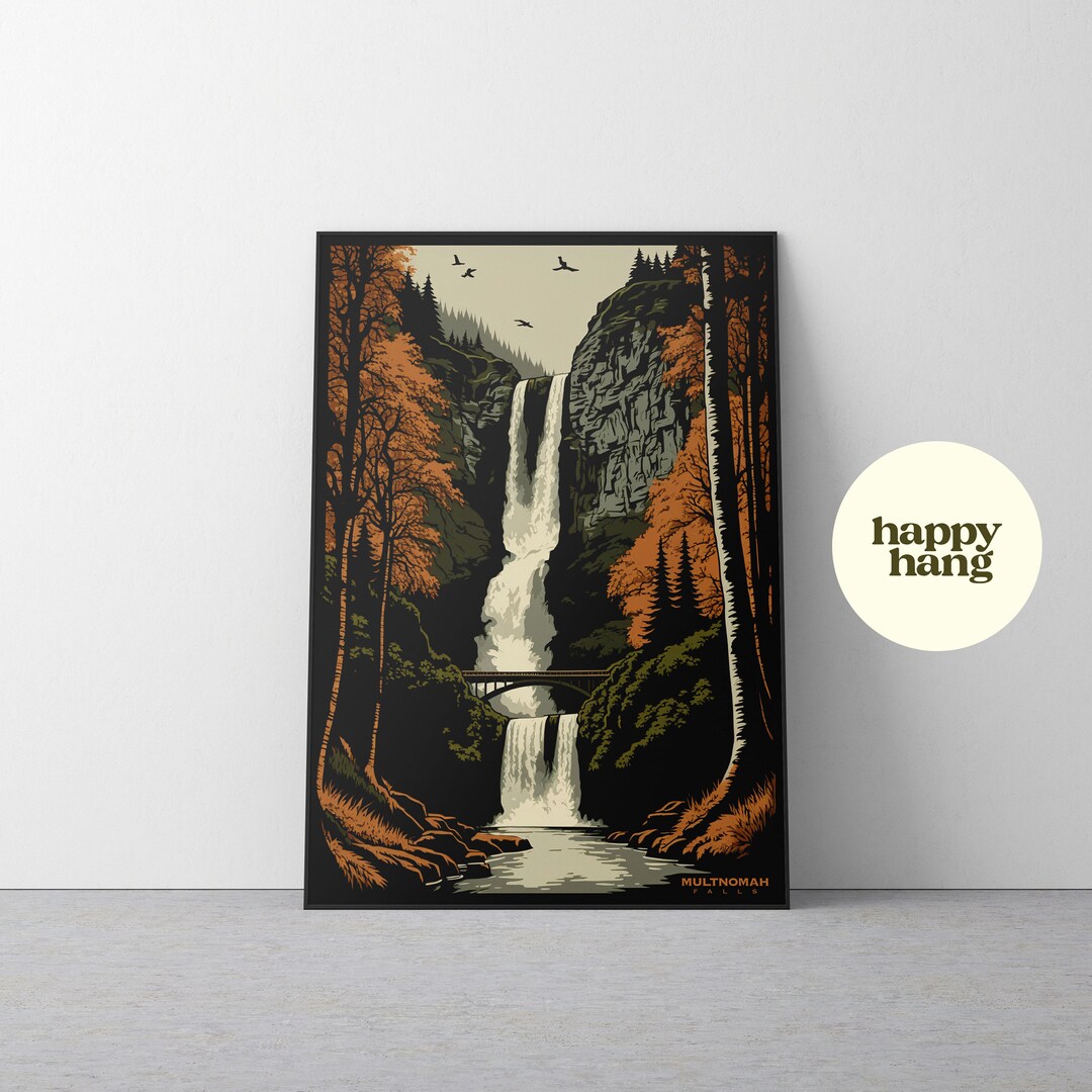 Multnomah Falls Oregon Travel Poster, Illustration, Forest, Nature ...