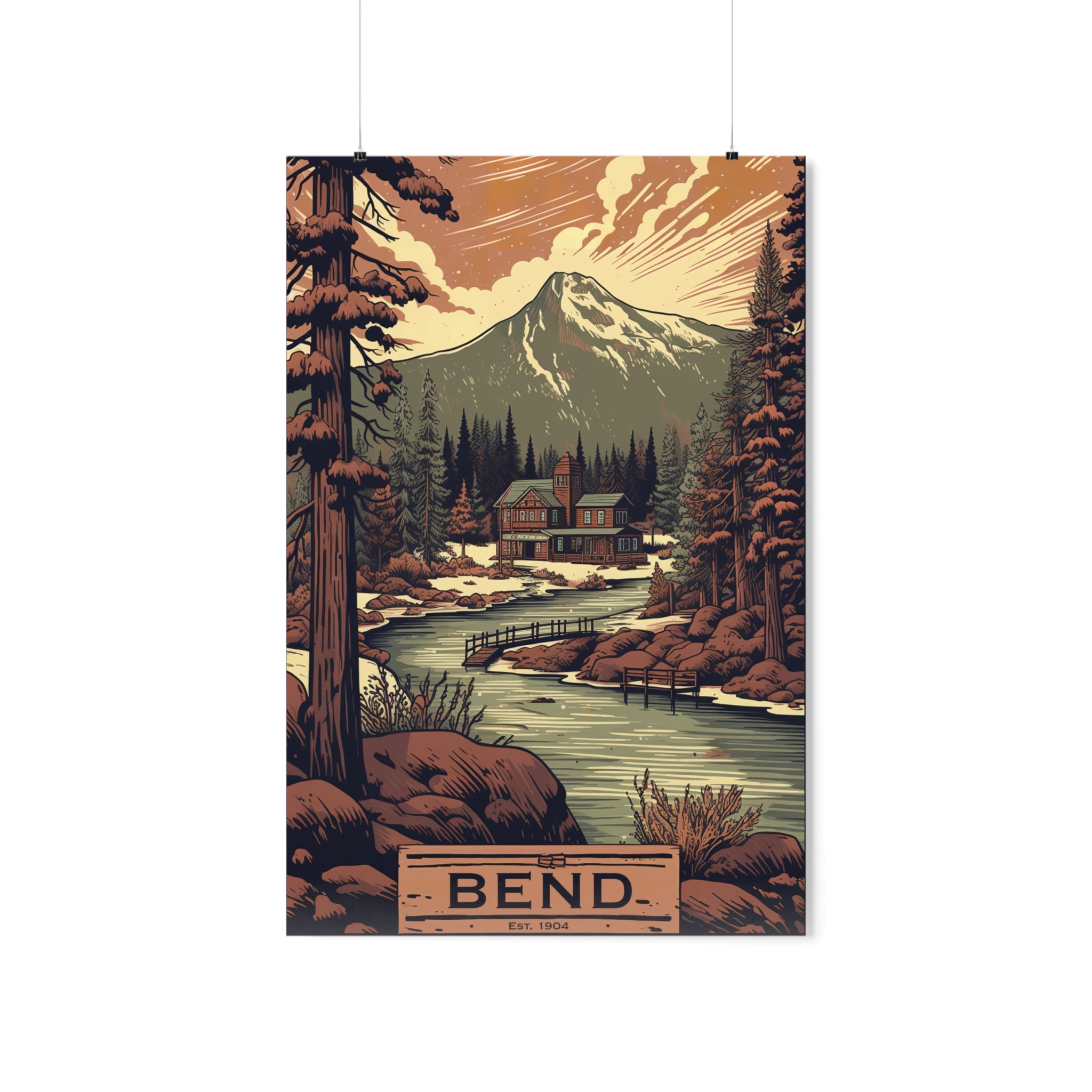 Bend Oregon Travel Poster, Mountains, River, Premium Matte Vertical ...