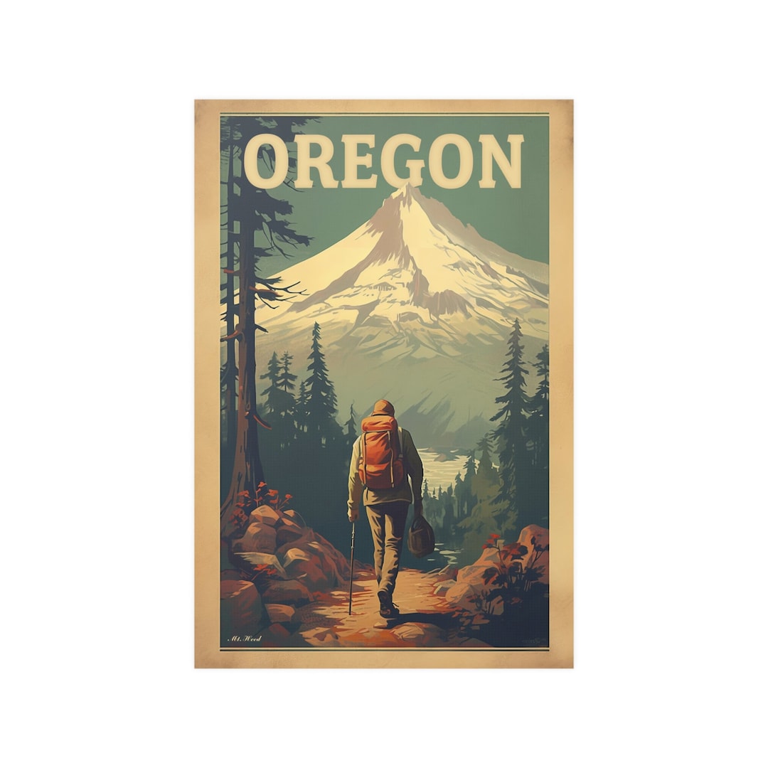 Vintage Oregon Travel Poster, Hiking, Nature, Mt. Hood, Forest Satin ...