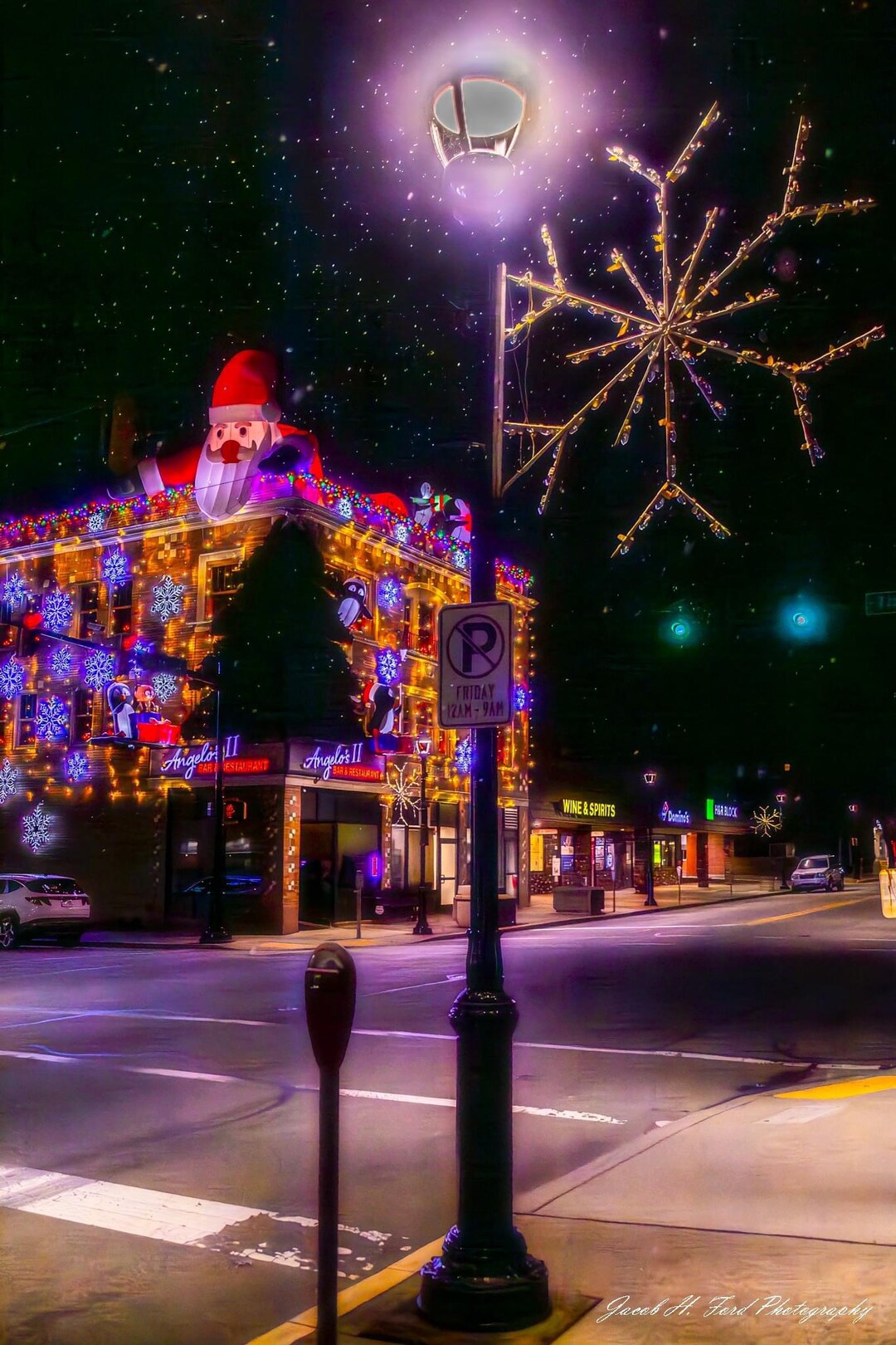 Angelo’s II Restaurant With Snowflake Light on Lamp Post at Corner of ...