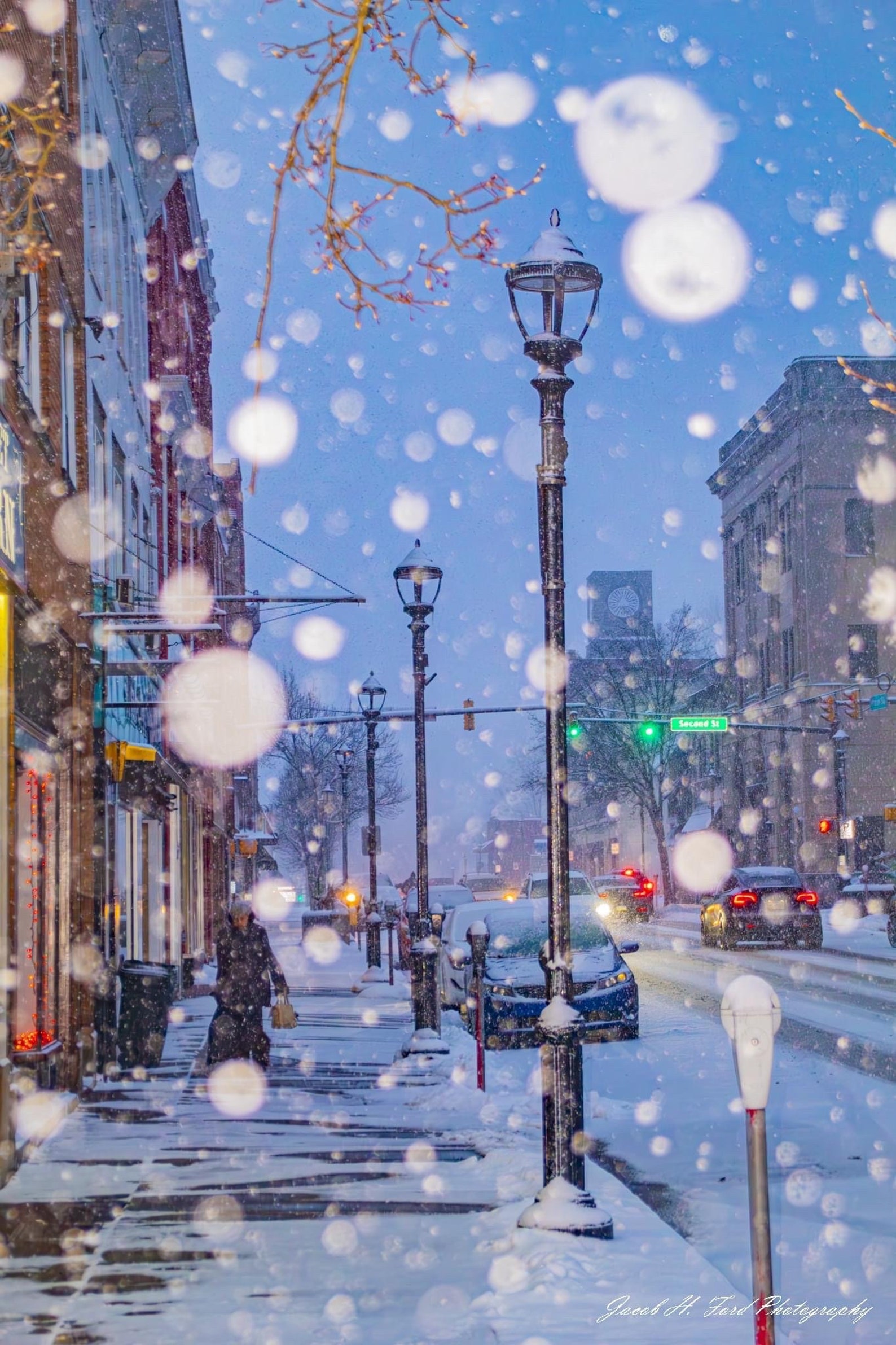 Snowy January Night Looking up Main Street With Pedestrian Walking - Etsy