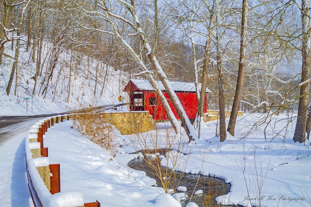 Mingo Creek County Park Henry Covered Bridge With Sycamore Trees and Sunlit Snow Covered ...