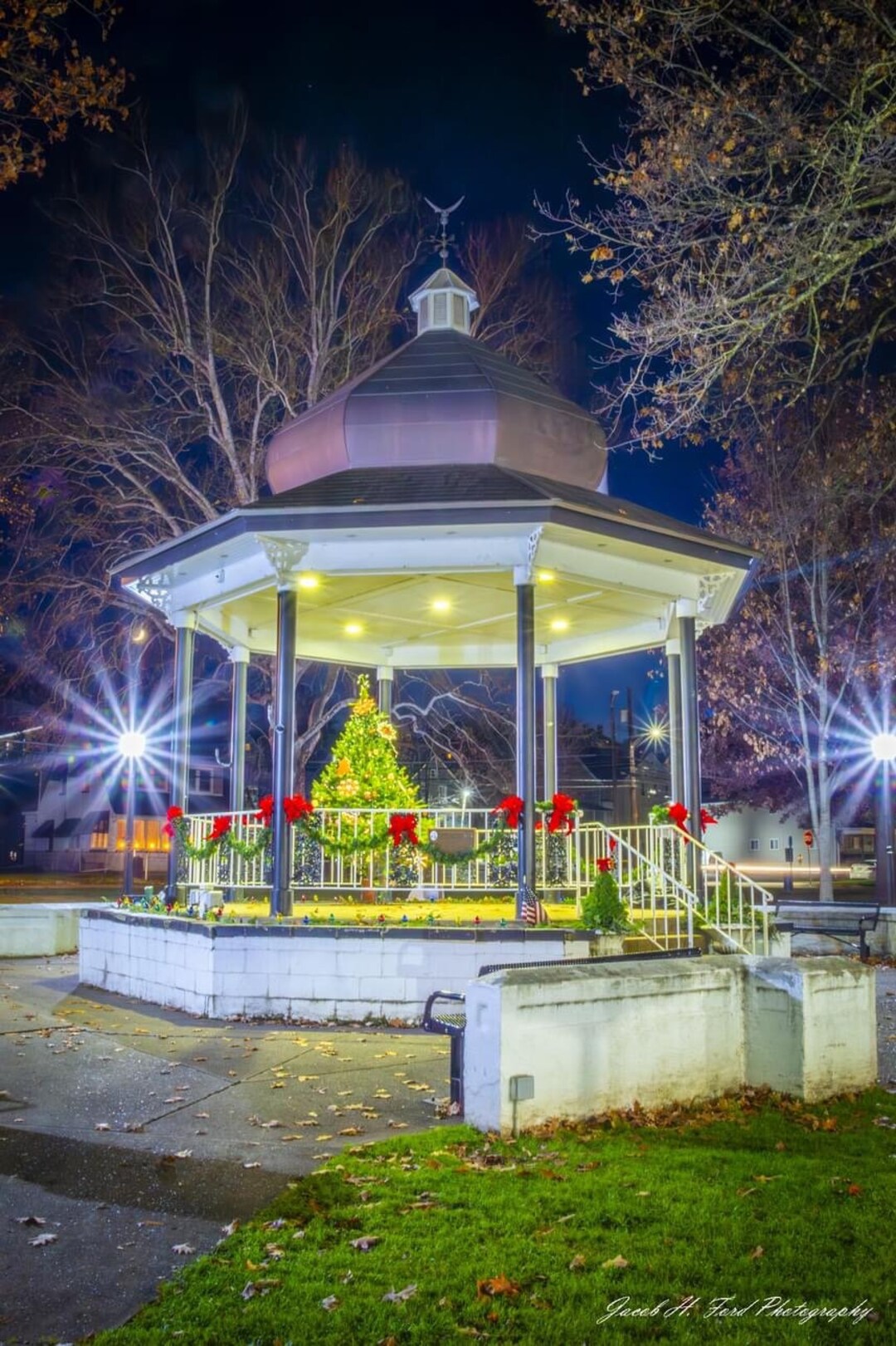 John Moreschi Gazebo With Christmas Tree at Dusk From Side Angle With ...