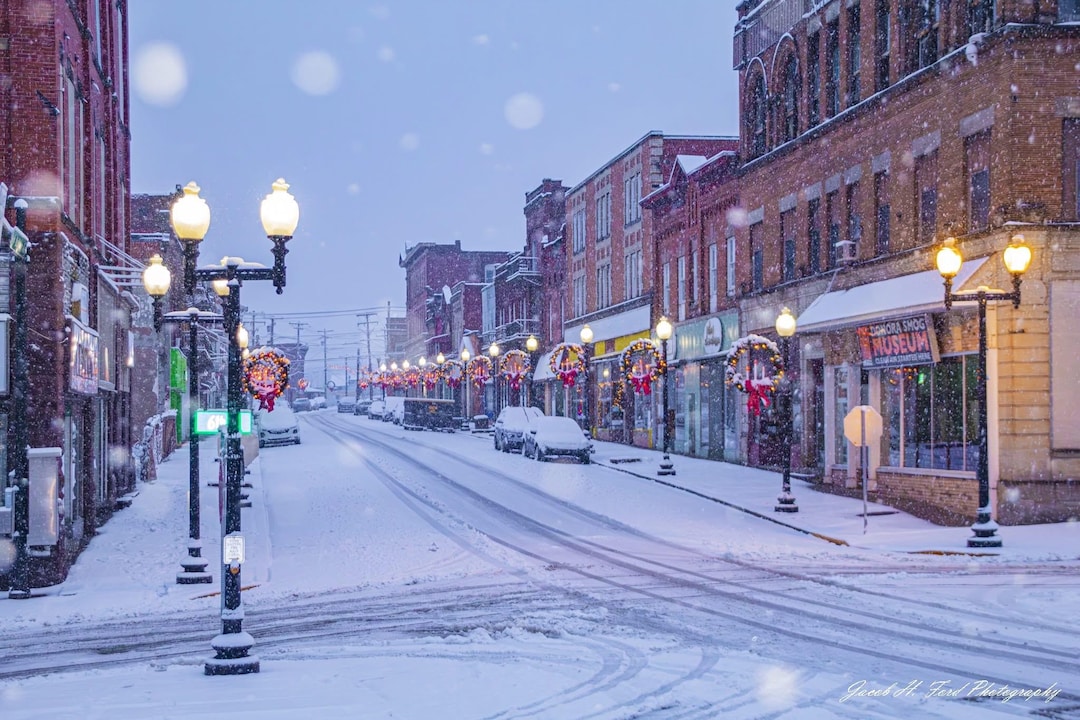 Donora - Snowy December Morning With Christmas Wreaths at Corner of 6th ...